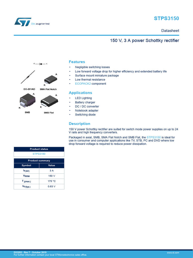 STPS3150 Schottky Rectifier Datasheet | PDF | Rectifier | Electricity