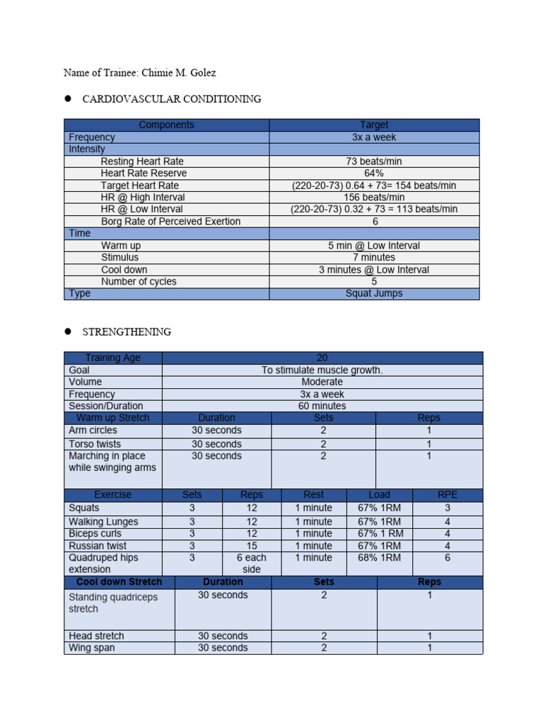 TRAINEE'S EXERCISE PRESCRIPTION | PDF | Strength Training | Physical ...