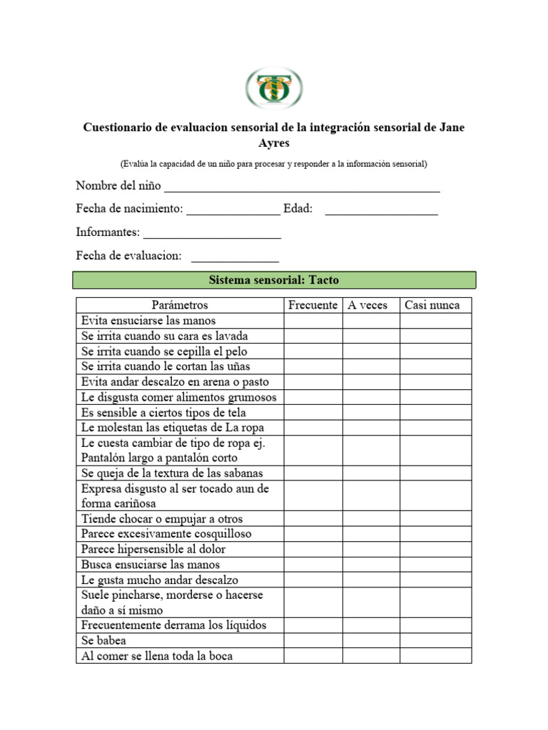 Cuestionario de Evaluacion Sensorial de La Integración Sensorial de ...