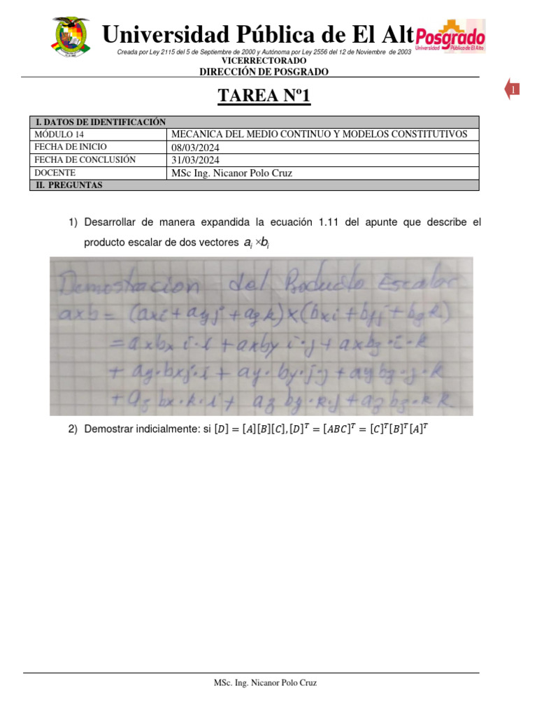 Mecánica Continua: Tareas y Ejemplos | PDF | Matriz (Matemáticas) | Geometria clasica