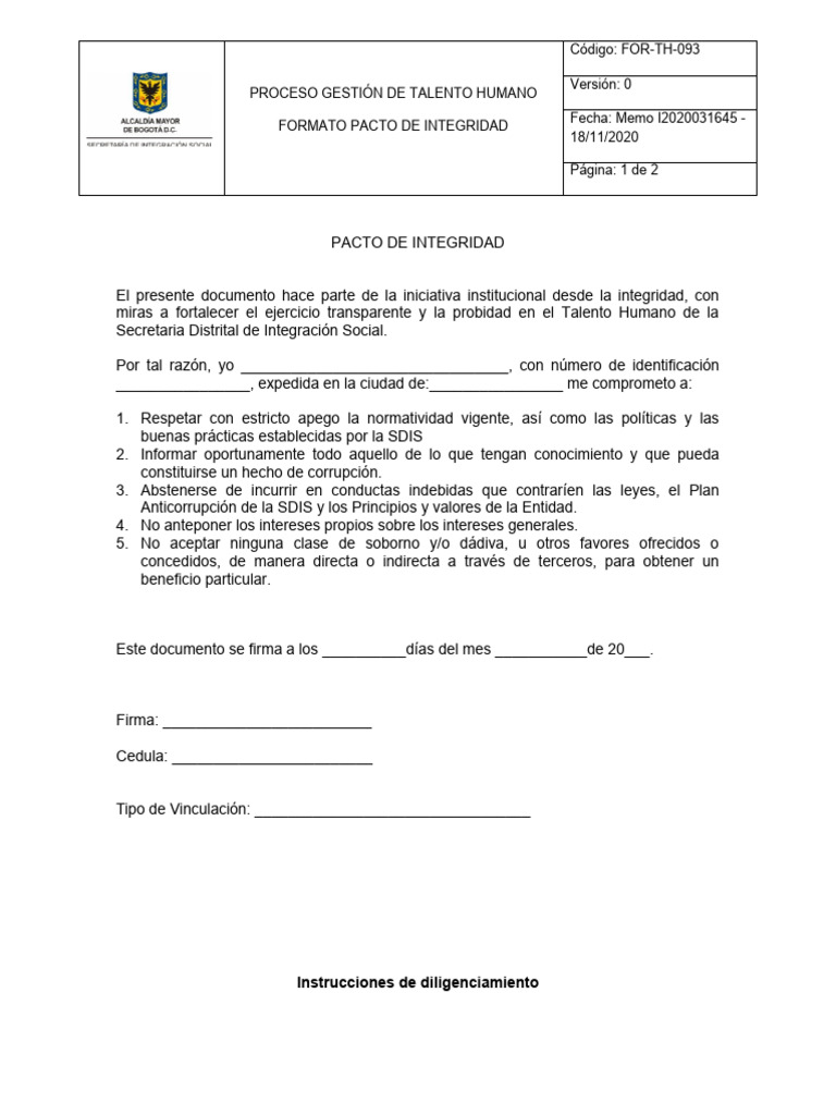 For TH 093 v0 Pacto de Integridad | PDF | Corrupción política | Documento de identidad