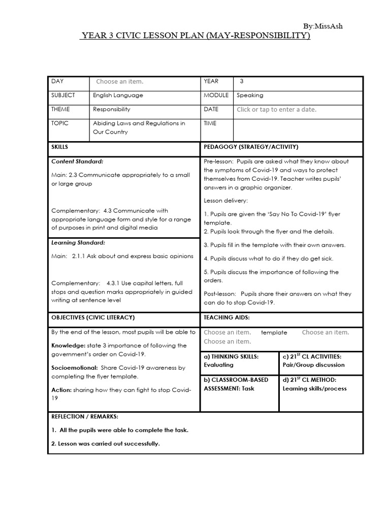 Year 3 Civic Lesson Plan: Covid-19 Responsibility | PDF | Teaching ...