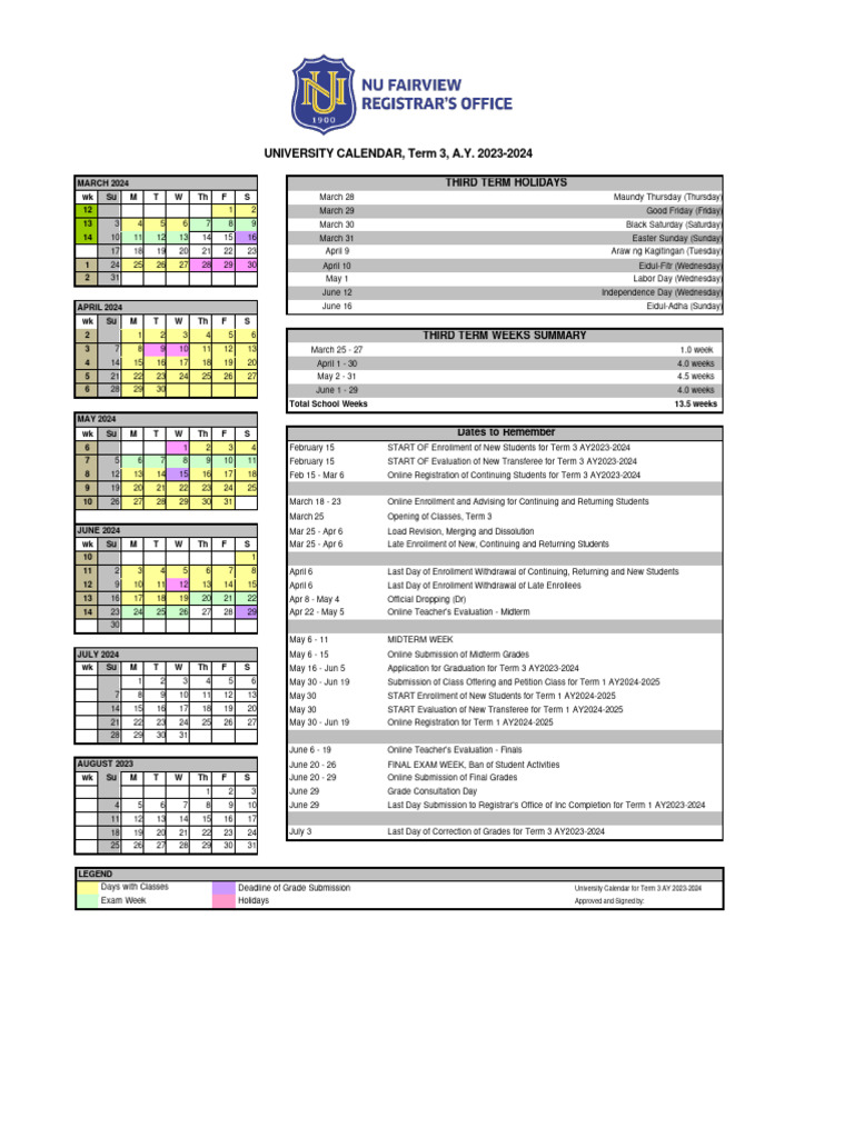 Nu Fairview Calendar Term 3, Ay23-24 | PDF | Eastertide | March Observances