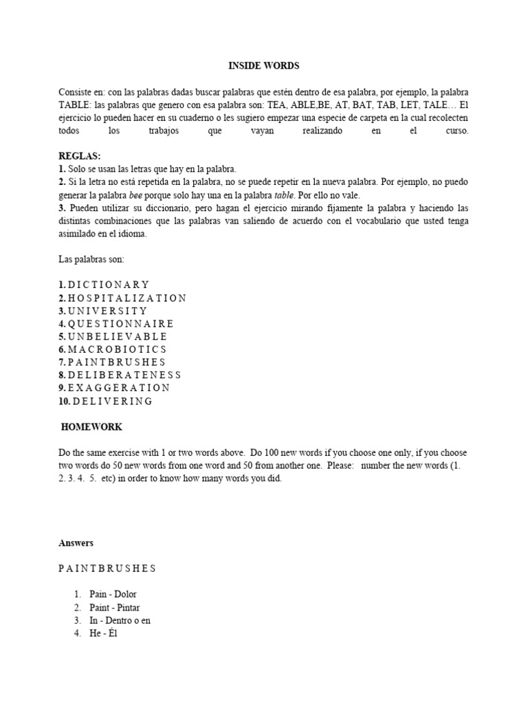 Homework Inside Words | PDF