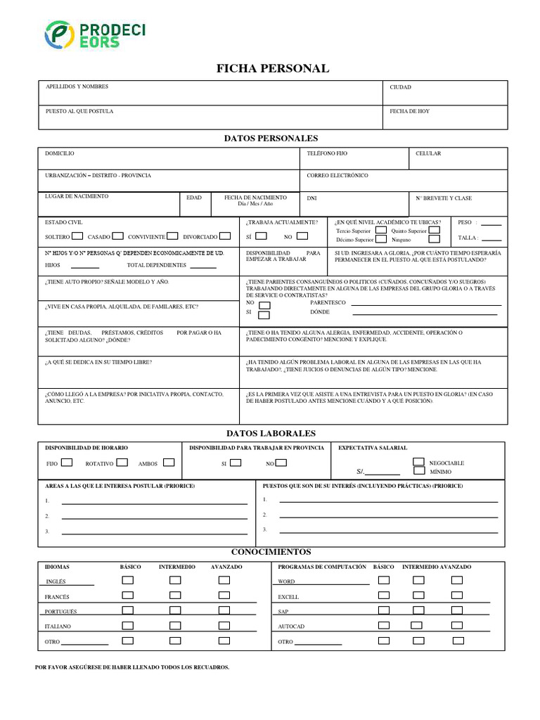 Ficha Personal Prodeci | PDF