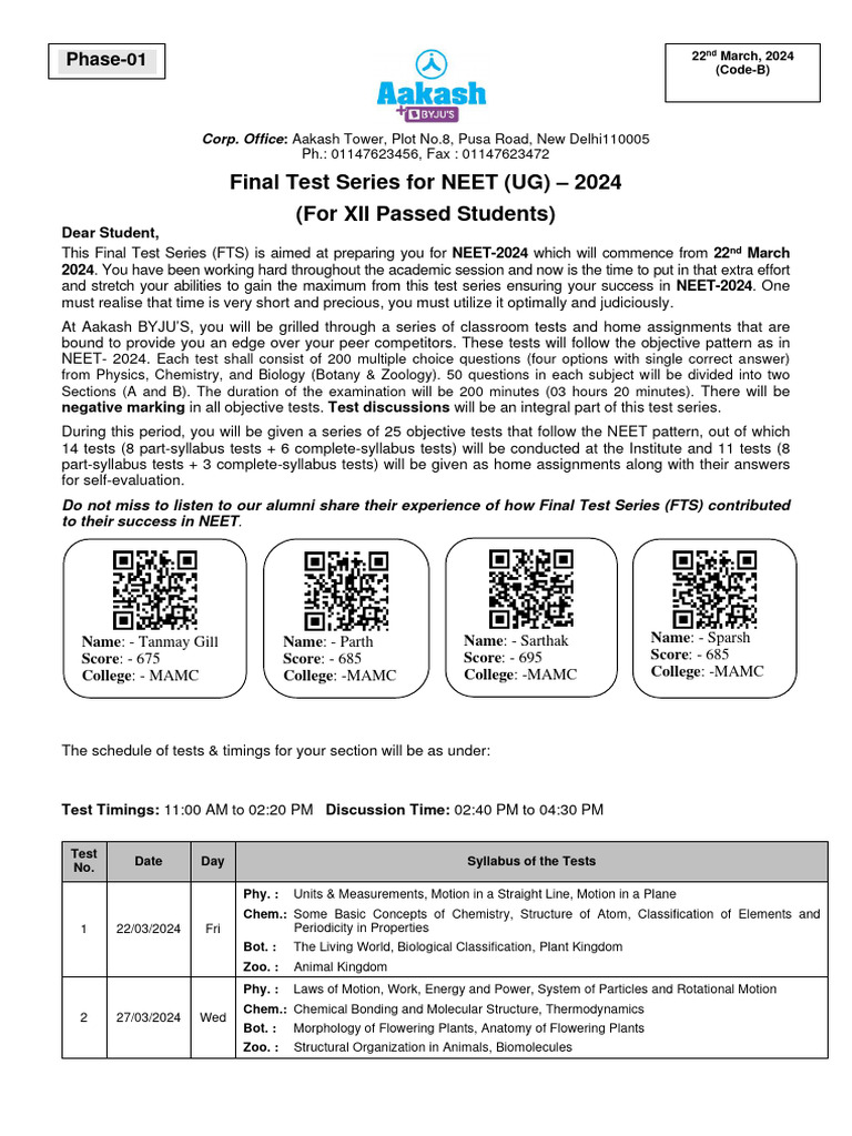 Final Test Series For NEET-2024 (RM) Code-B - Phase-01 - Test ...