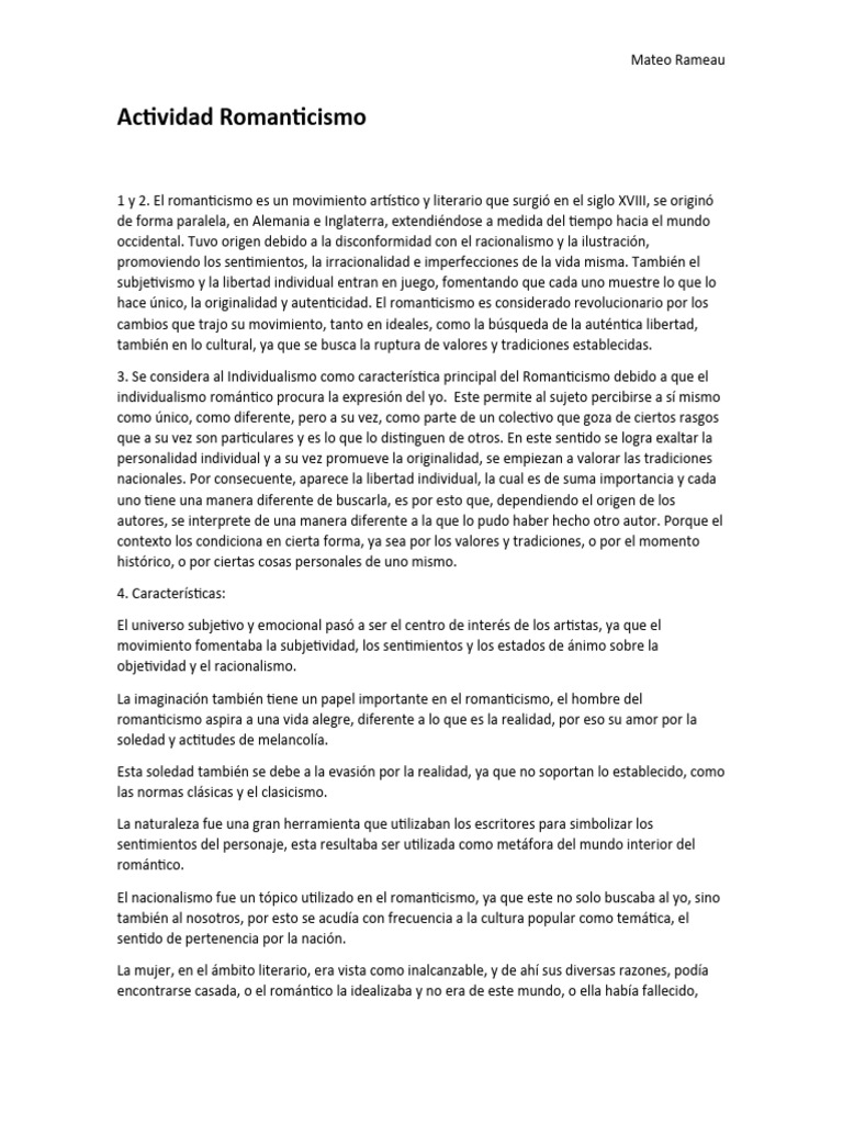 Actividad Romanticismo Literatura. Mateo Rameau | PDF | Romanticismo ...