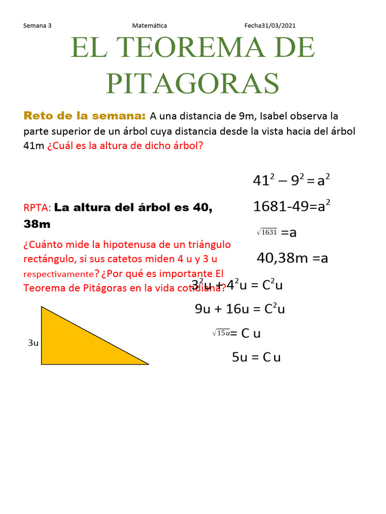 Aplicaciones del Teorema de Pitágoras | PDF