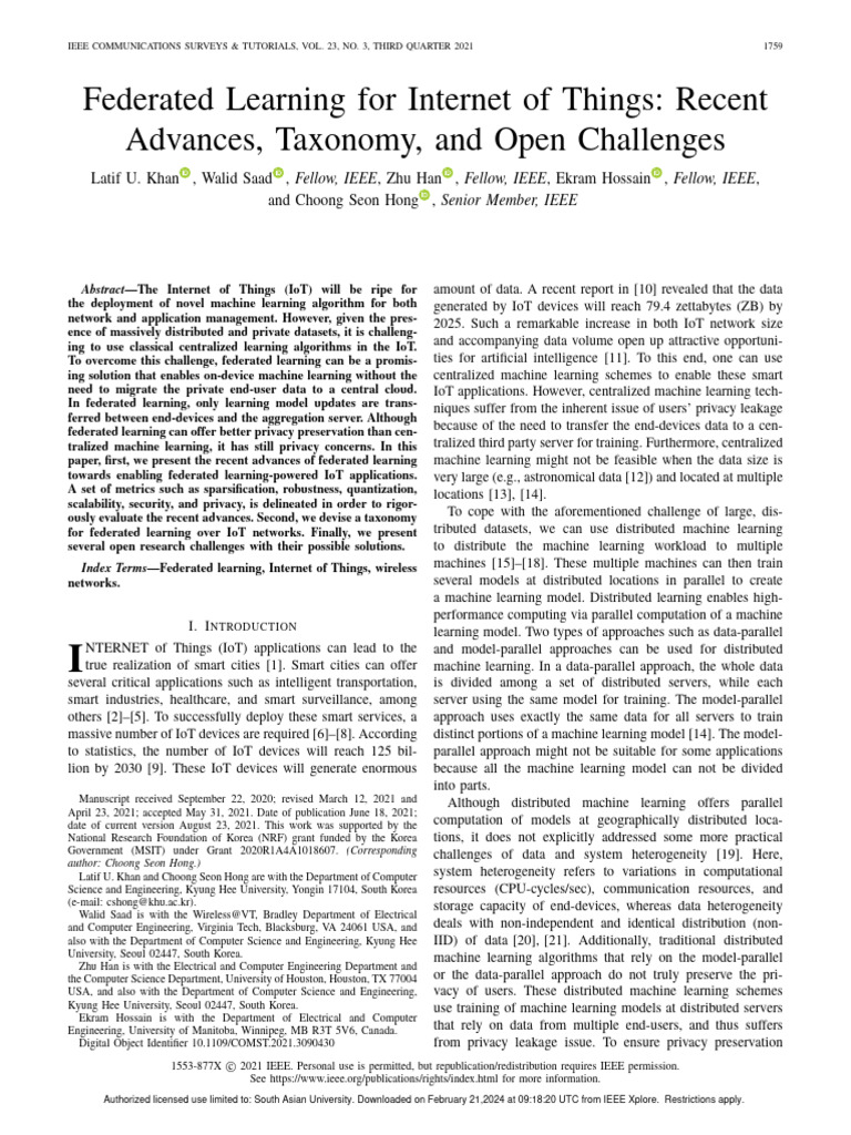 Federated Learning For Internet of Things Recent Advances Taxonomy and Open Challenges ...