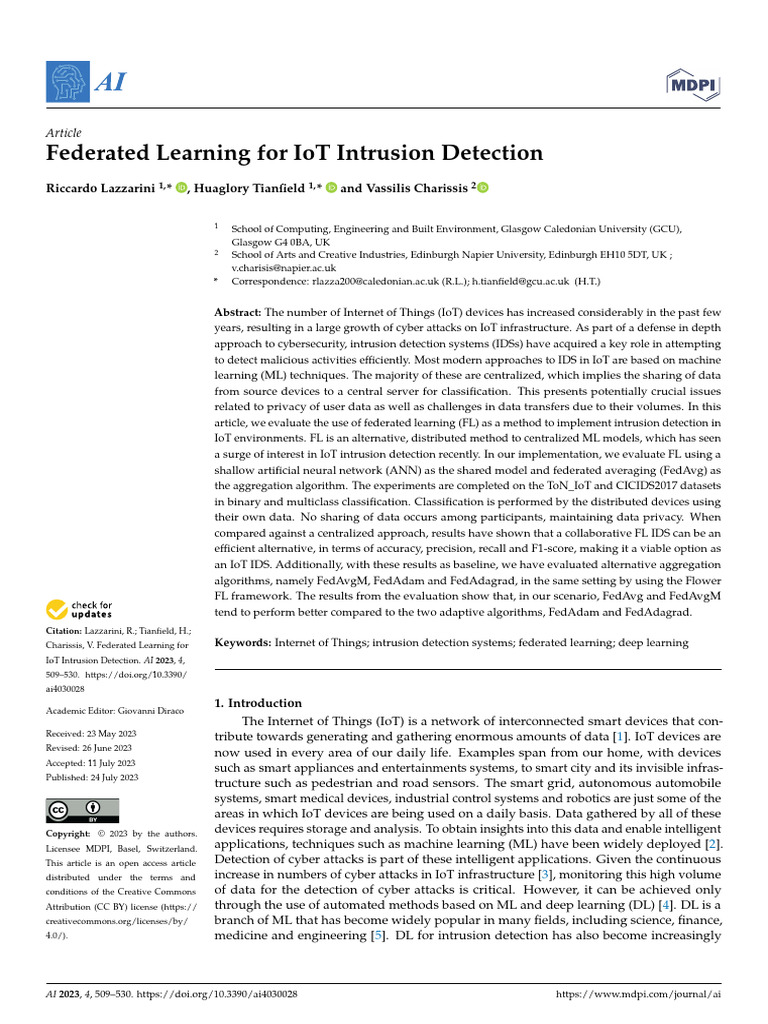 Federated Learning For Iot Intrusion Detection: Riccardo Lazzarini, Huaglory Tianfield and ...