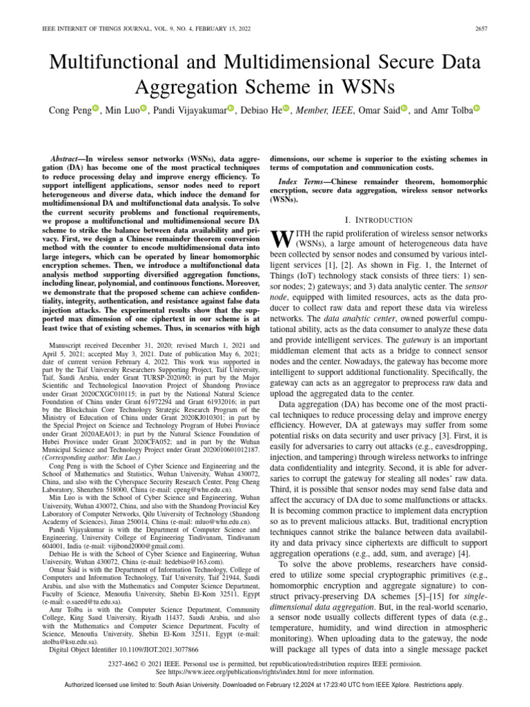 Multifunctional and Multidimensional Secure Data Aggregation Scheme in WSNs | PDF | Wireless ...
