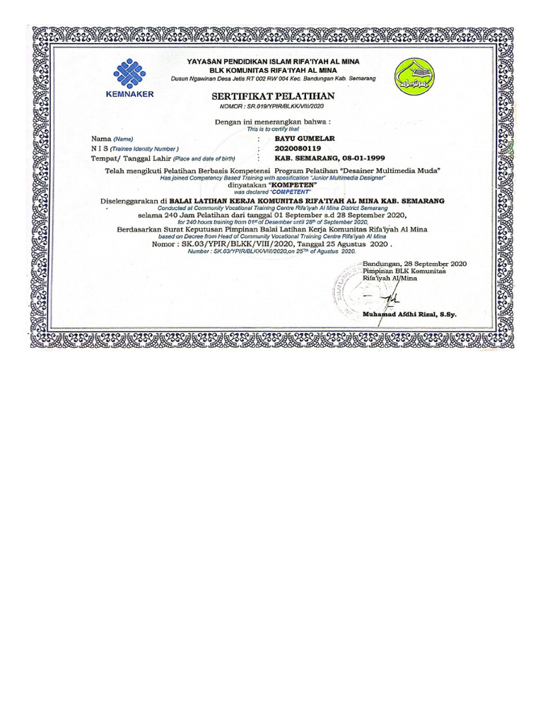 Scan Sertifikat BLK Al-Mina Bayu Gumelar | PDF