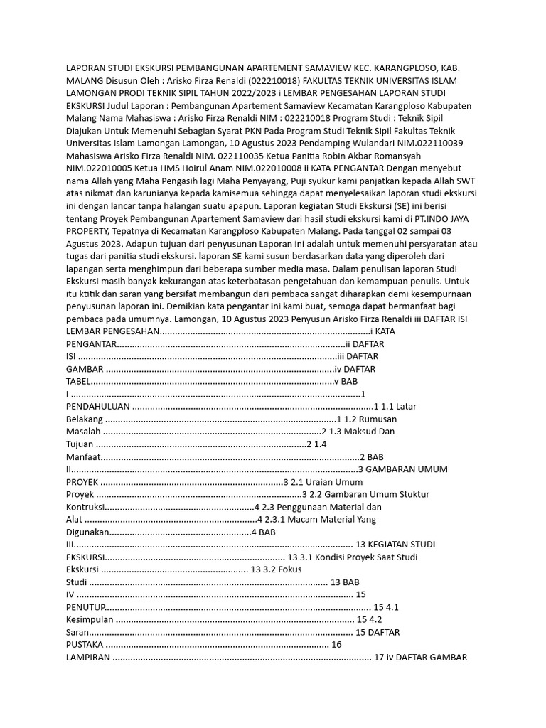 Laporan Studi Ekskursi Pembangunan Apartement Samaview Kec | PDF