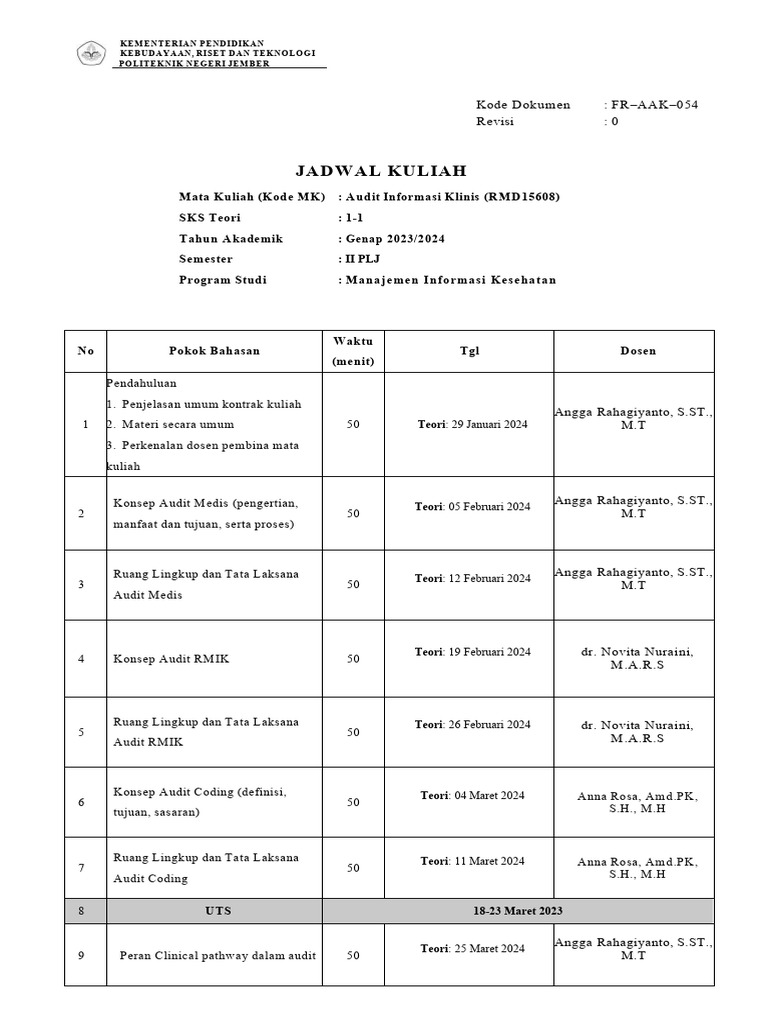 Jadwal Kuliah Audit Informasi Klinis Genap 2023-2024 | PDF