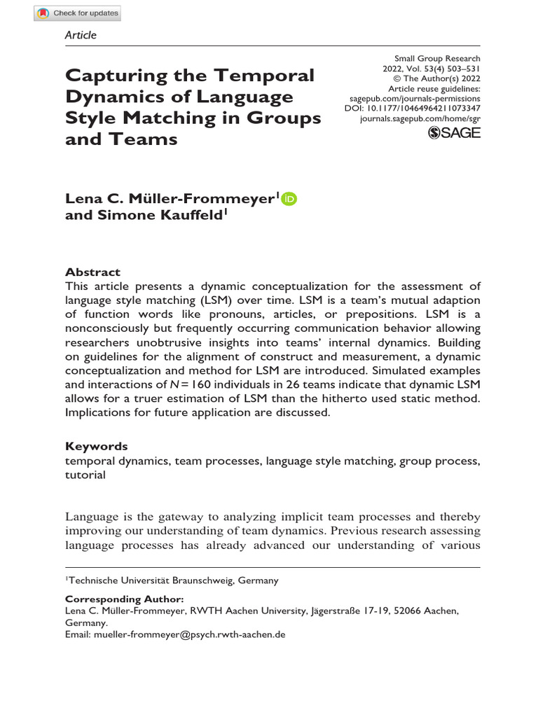 Muller Frommeyer Kauffeld 2022 Capturing The Temporal Dynamics of Language Style Matching in ...