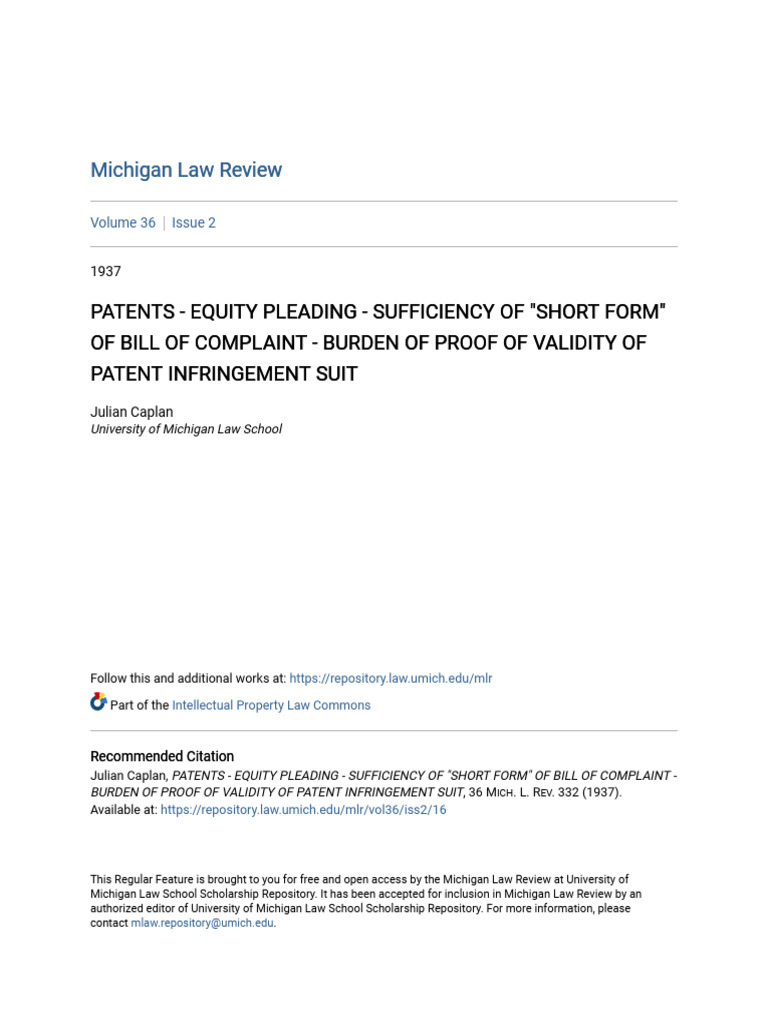 Patents - Equity Pleading - Sufficiency of Short Form of Bill o | PDF ...