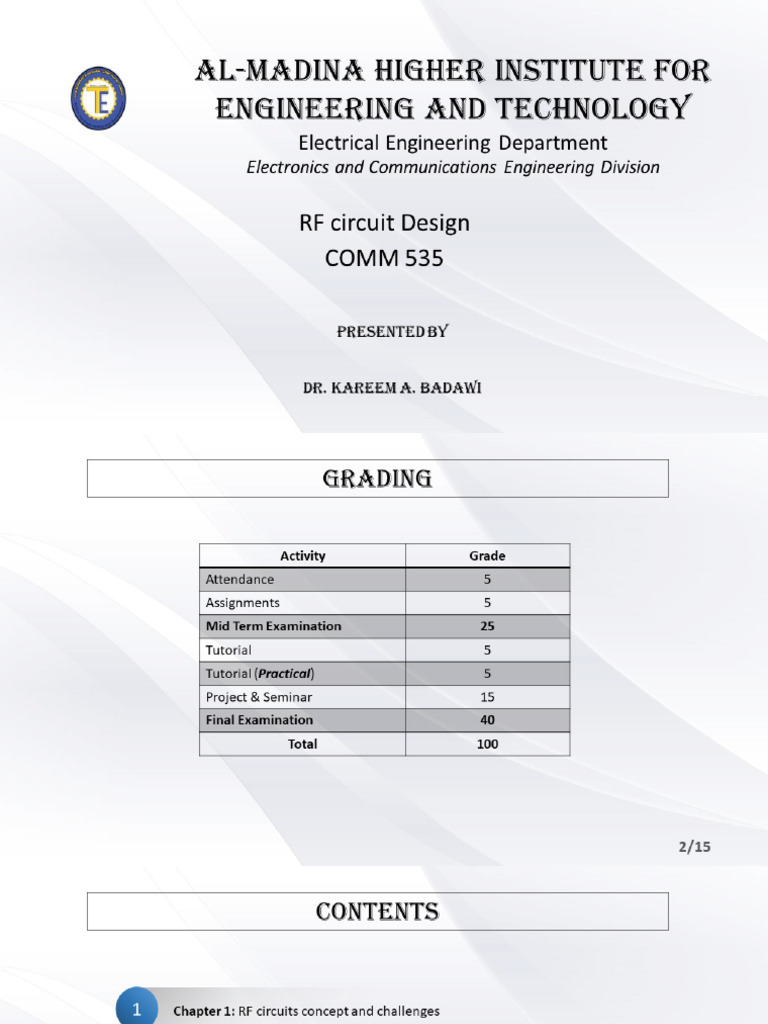 RF, COMM 535, Lec. 1, Chapter 1, RF Circuits Concepts and Challenges | PDF