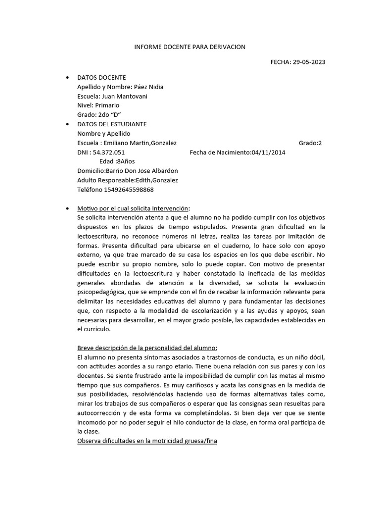 INFORME DOCENTE PARA DERIVACION-Calderon | PDF | Ciencias del comportamiento | Sicología