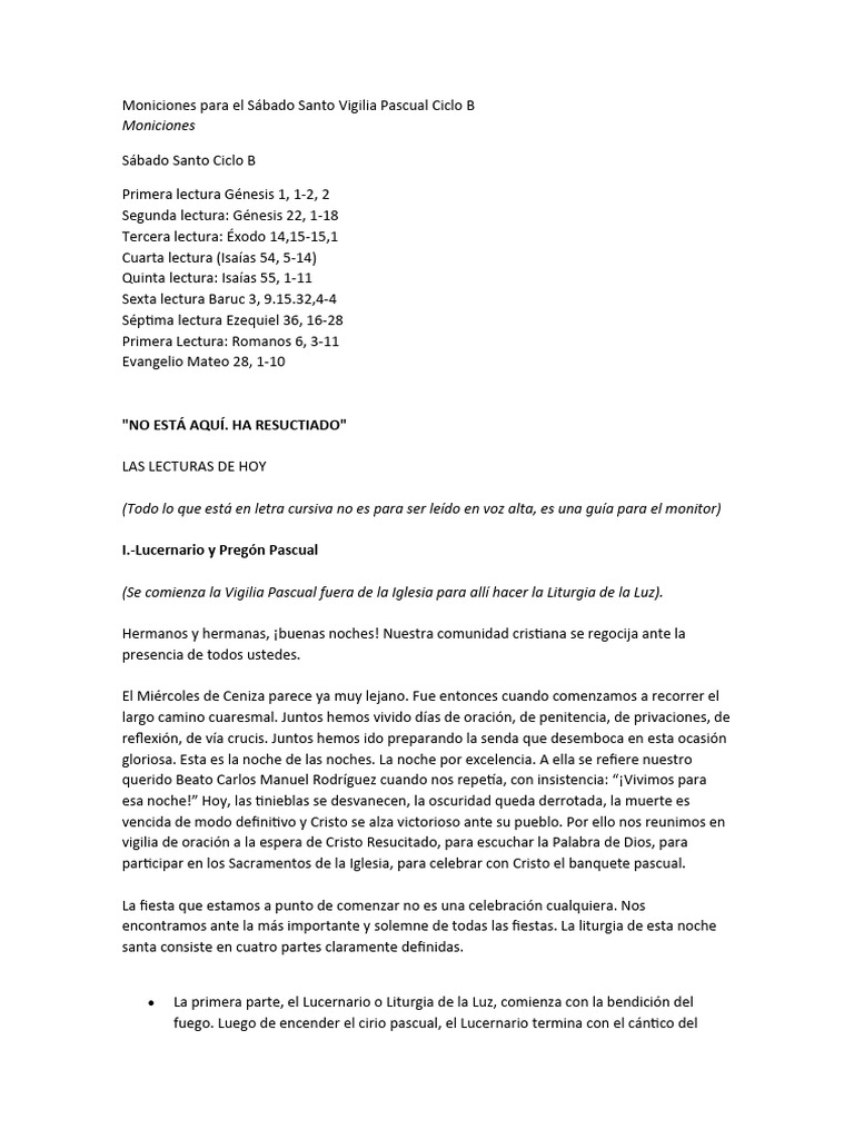 Moniciones para El Sábado Santo Vigilia Pascual Ciclo B | PDF | Pascua ...