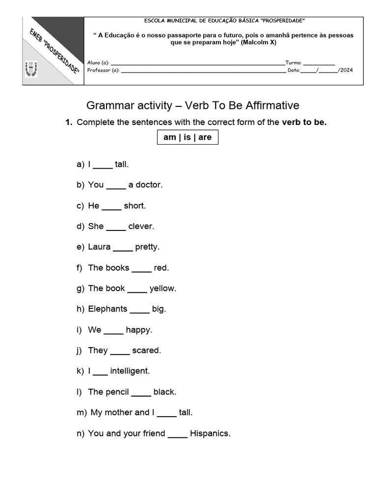Atividade Verb To Be Affirmative Form | PDF