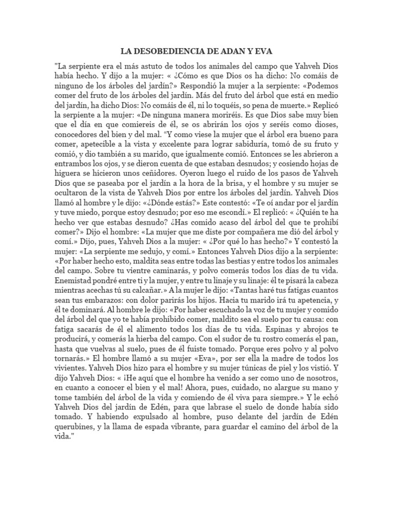 La Desobediencia de Adan y Eva... | PDF | Adán y Eva | Jardín del Edén