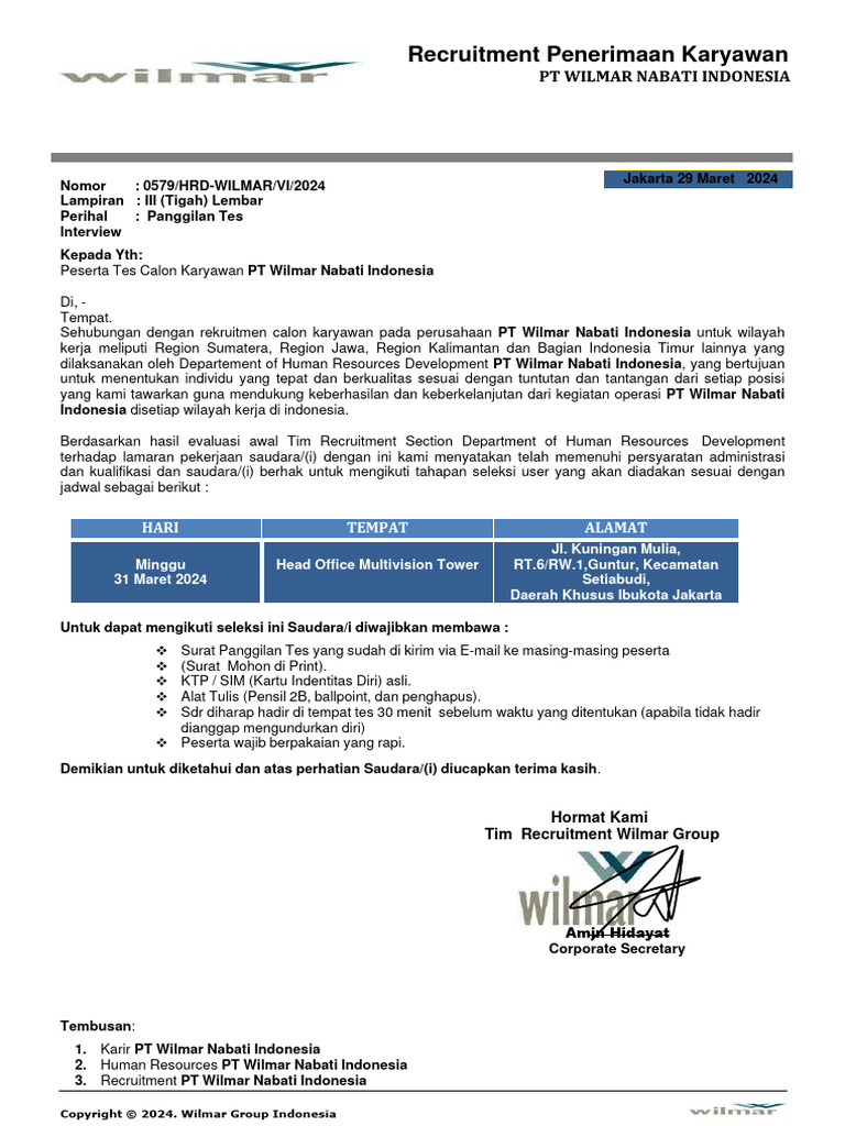 Undangan Interview PT. Wilmar Nabati Indonesia 2024 | PDF