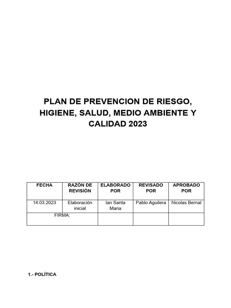 Plan de Prevencion de Riesgo, Higiene, Salud, Medio Ambiente y | PDF | Riesgo | Seguridad y ...