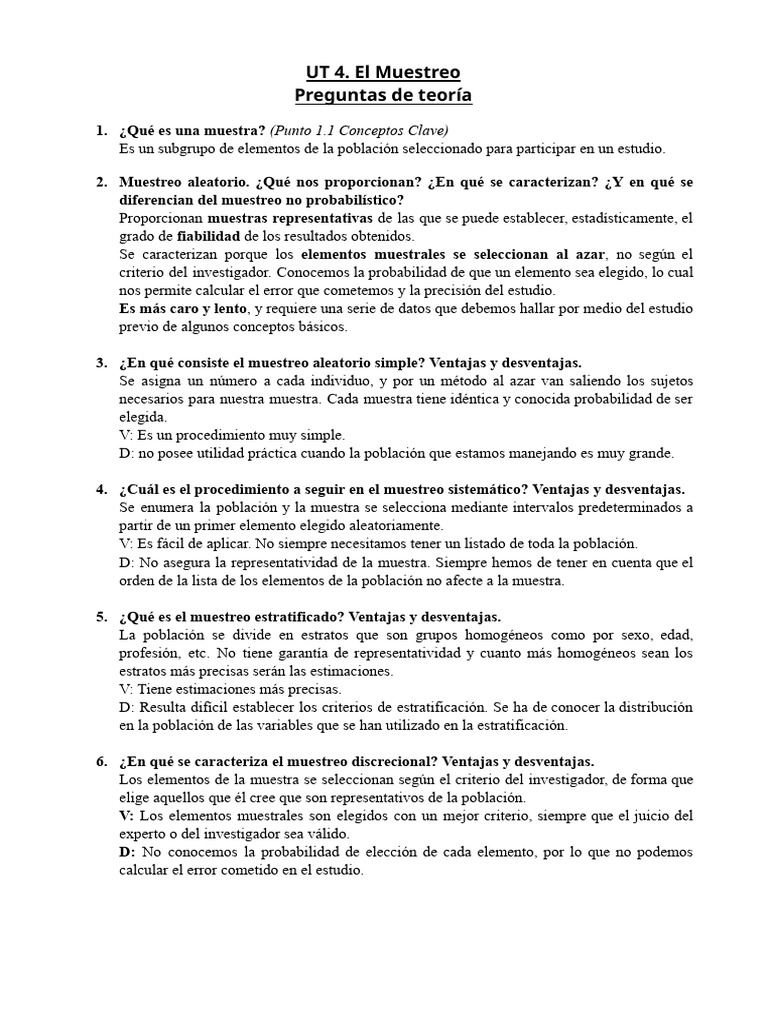 Preguntas Cortas - UT 4 | PDF | Muestreo (Estadísticas) | Cuestionario
