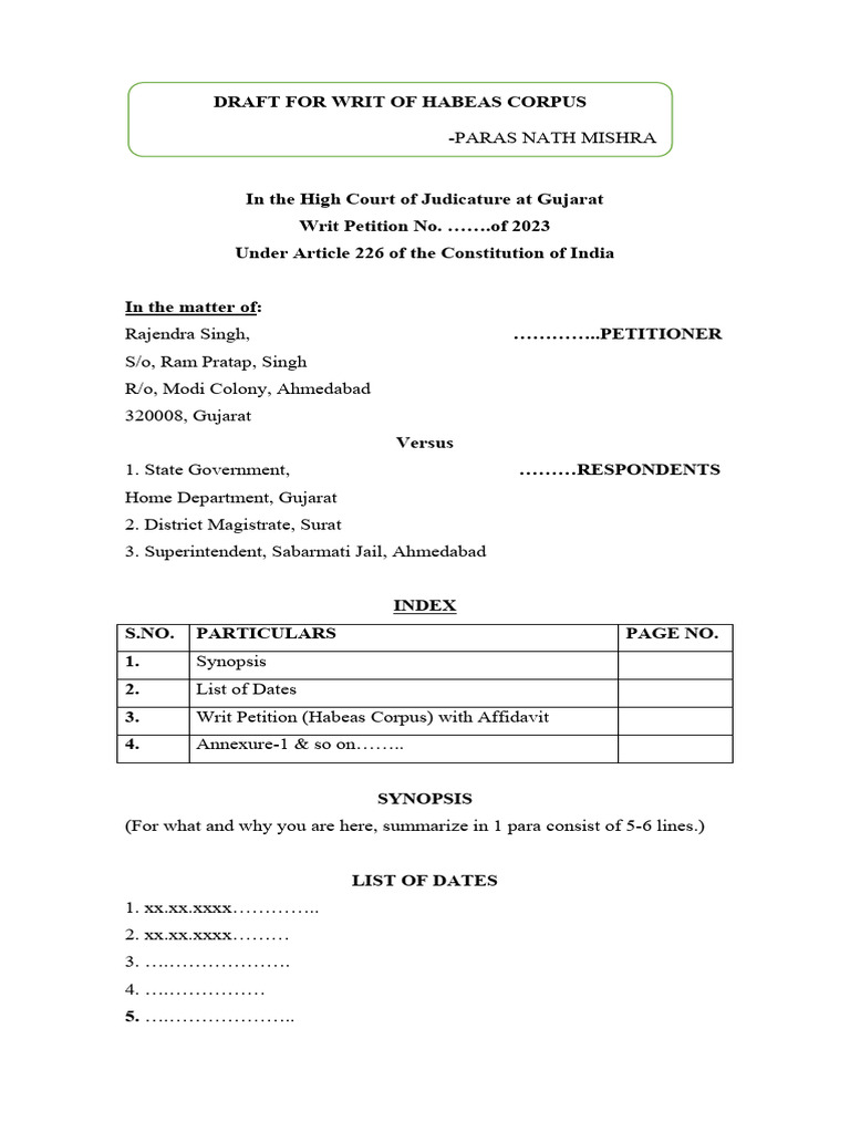 Draft of Writ Petition (Habeas Corpus) | PDF | Writ | Detention (Imprisonment)