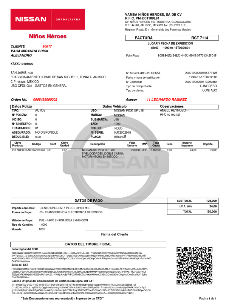 Factura Nissan J18 | PDF | Dinero