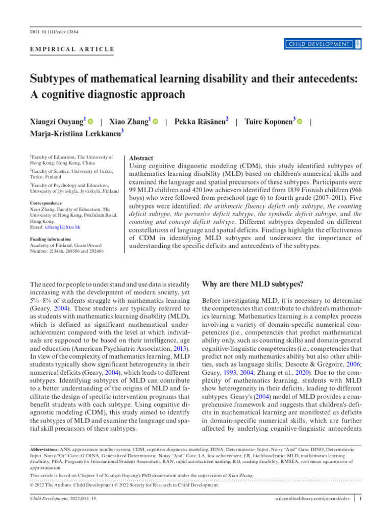 Subtypes of Mathematical Learning Disability and Their Antecedents ...