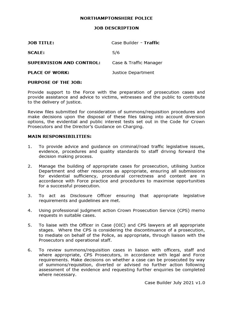 Traffic Case Builder Job Description July 2021 | PDF | Prosecutor ...
