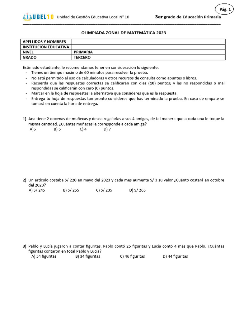 Olimpiada Matemática 3er Grado 2023 | PDF
