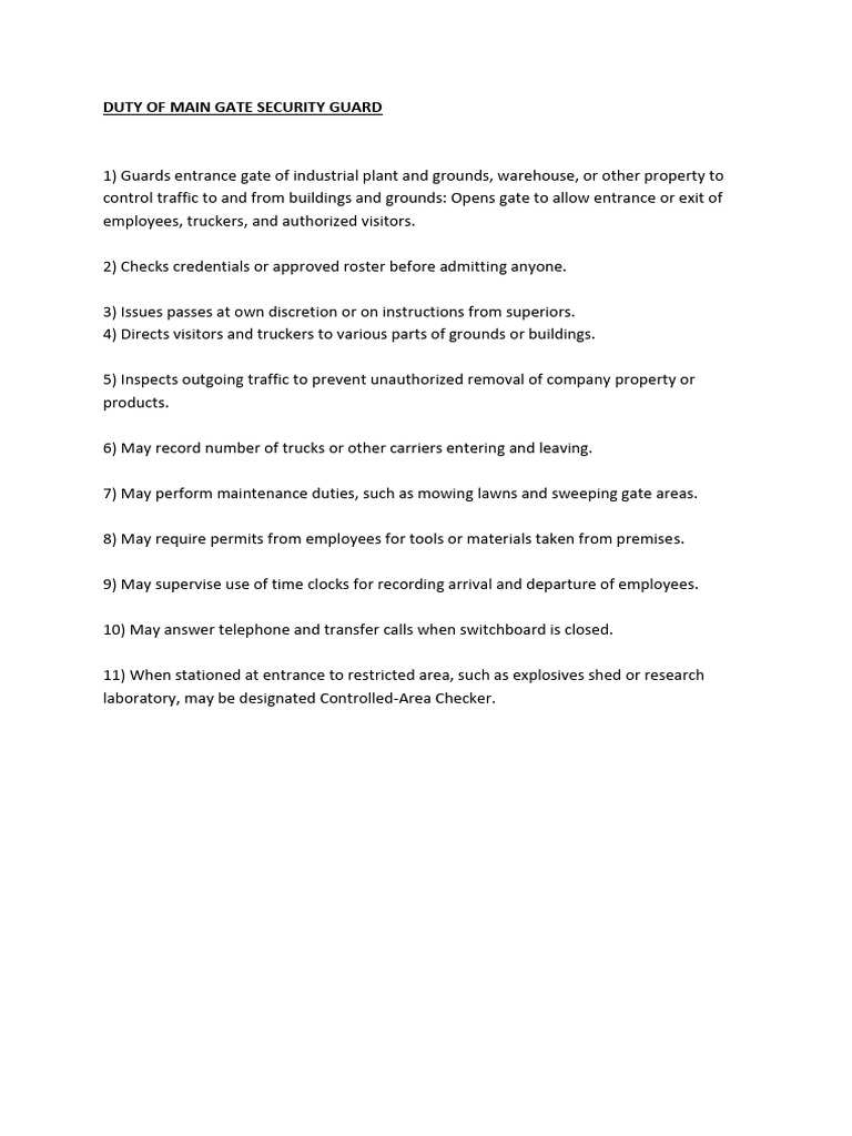 Main Gate Security Guard Duties | PDF