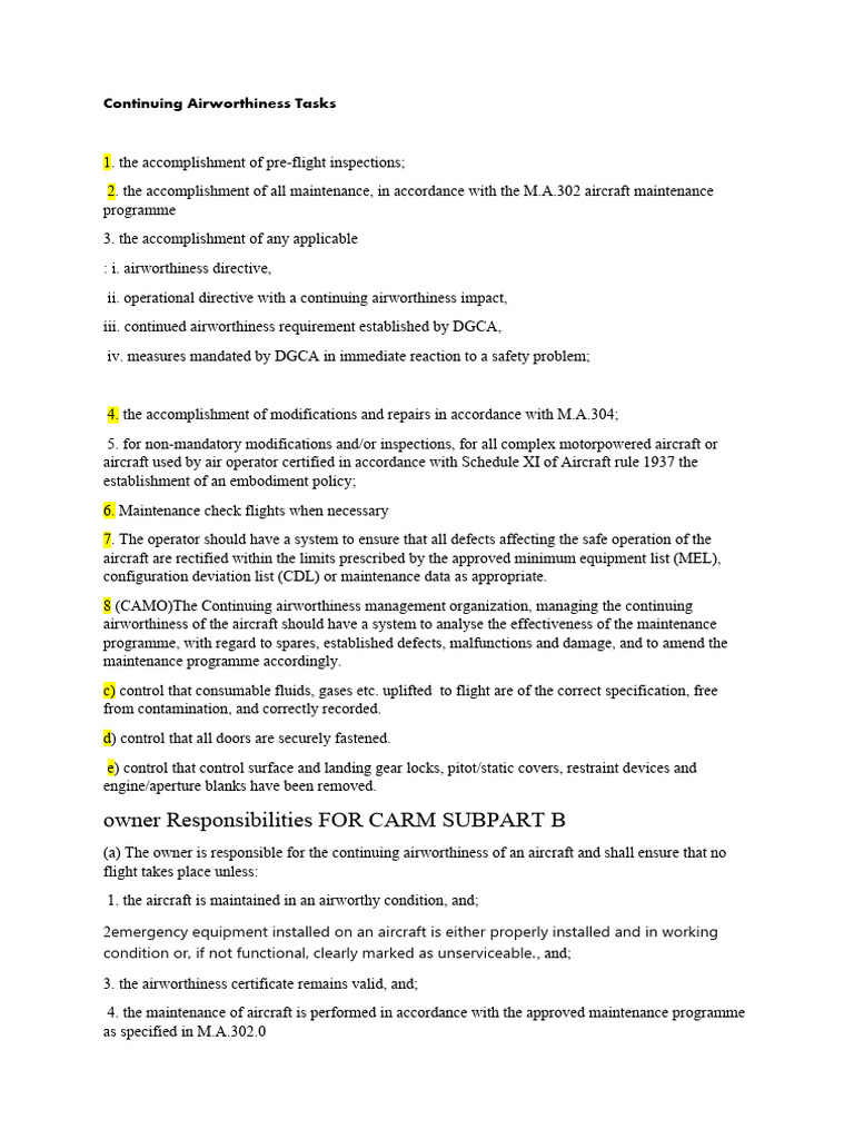 Owner Responsibilities FOR CARM SUBPART B: Continuing Airworthiness ...