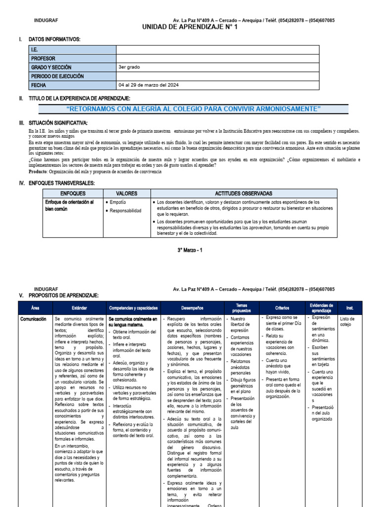 3° Grado - Unidad de Aprendizaje N°01 | PDF | Sistema de coordenadas ...