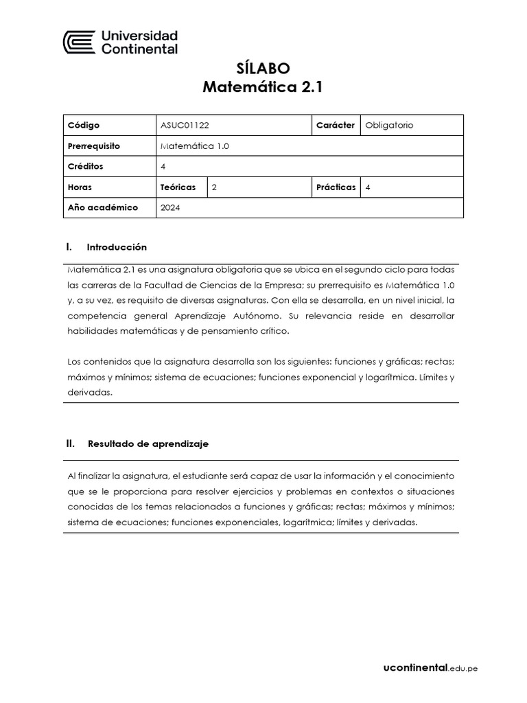 Silabo Matematica 2.1 | PDF | Funcion exponencial | Aprendizaje