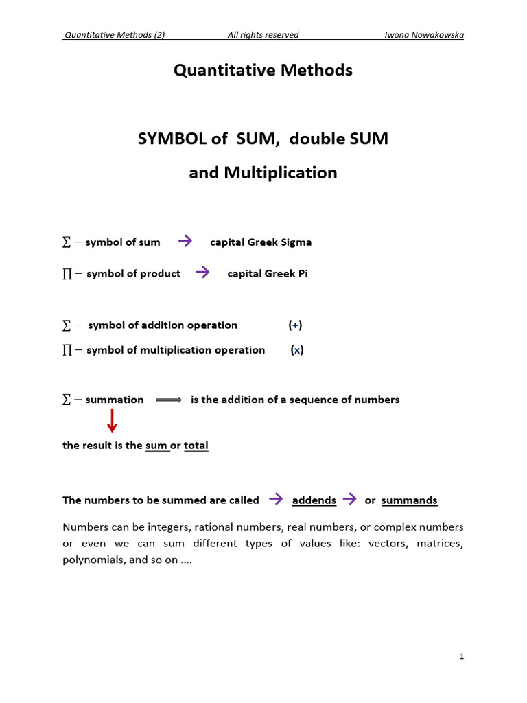 Quantitative Methods SYMBOL of SUM, Double SUM and Multiplication | PDF ...