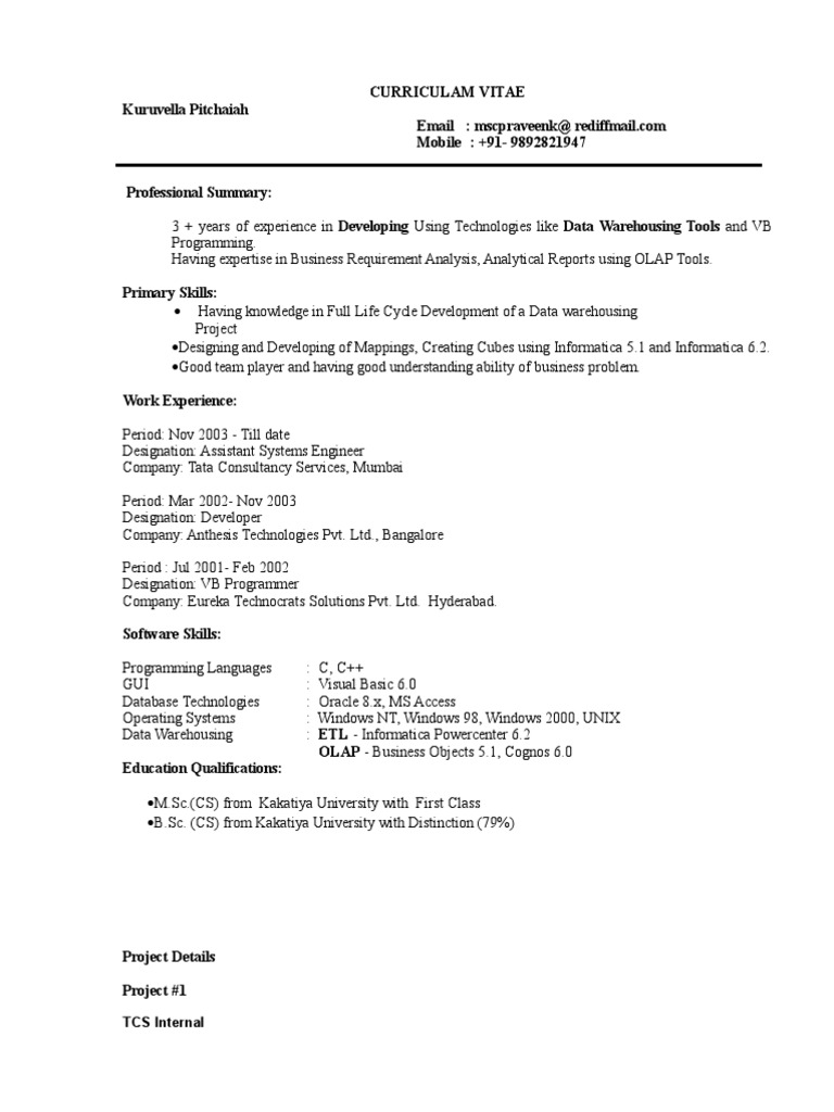 CV (TCS) | PDF | Data Warehouse | Oracle Database
