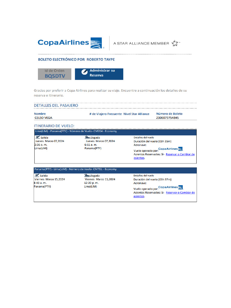 Taype Roberto-Lima Panama Lima - Copa Airlines | PDF