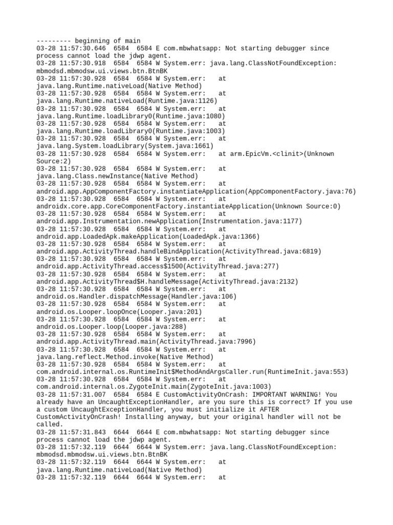 Debugging Errors in MBWhatsApp Logs | PDF | Java (Programming Language) | Mobile App