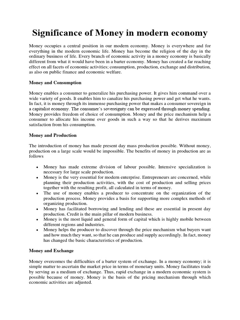 Significance of Money in Modern Economy | PDF | Money | Economics