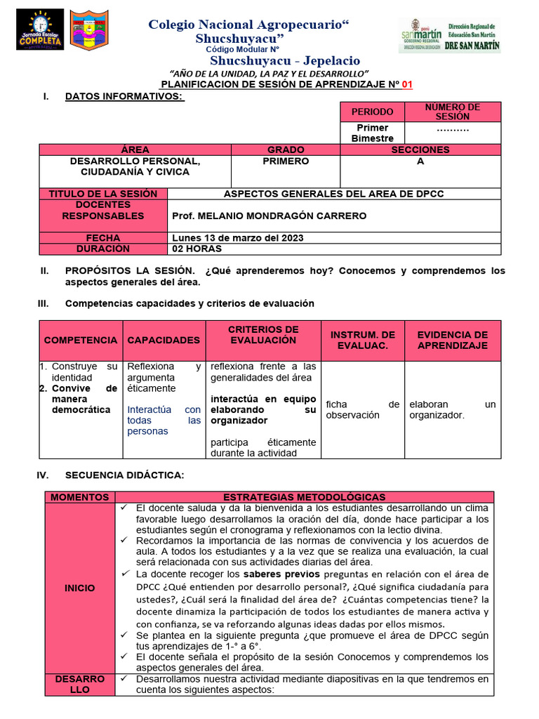 01 SESION 2023 1ro A DPCC | PDF | Evaluación | Aprendizaje