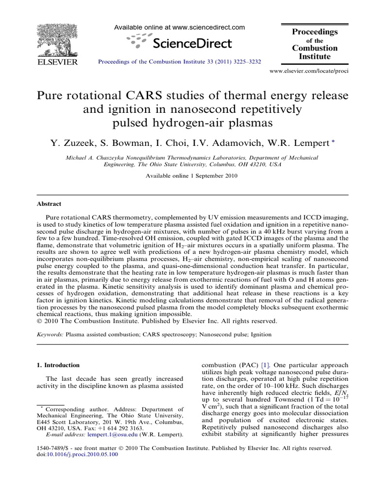 Pure Rotational CARS Studies of Thermal Energy Release - 2011 ...