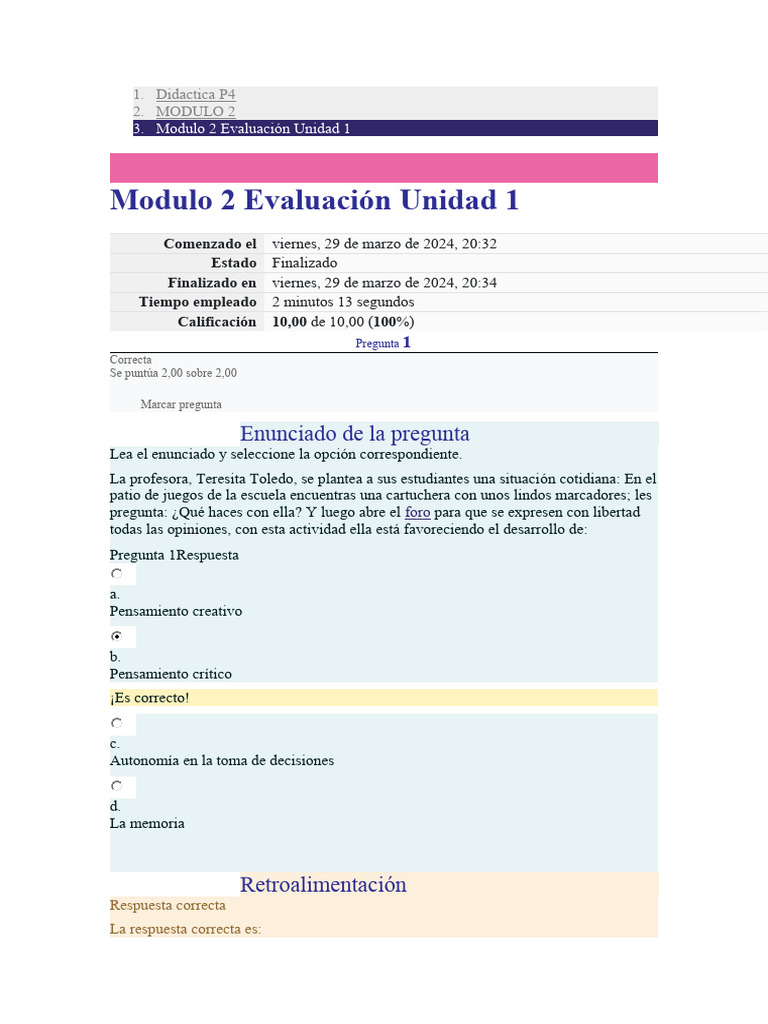 Didactica P4 - Evaluacion Modulo 2 Unidad 1 | PDF | Enseñando | Cognición