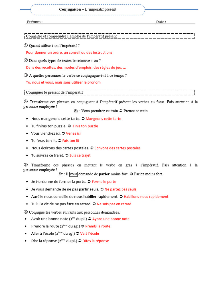 Corrigé Fiche Limpératif Présent | PDF
