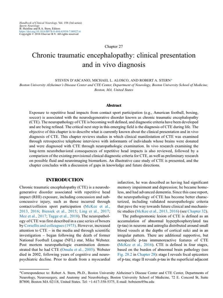 Chapter 27 - Chronic Traumatic Encephalopathy Clinic - 2018 - Handbook ...