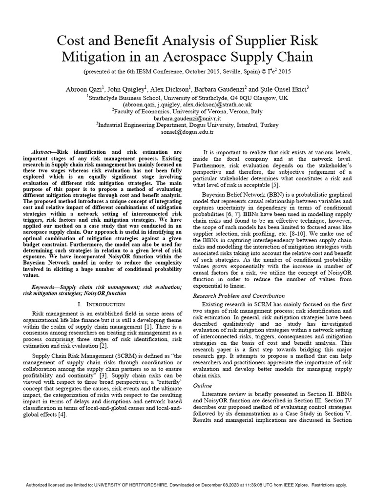 Cost and Benefit Analysis of Supplier Risk | PDF | Bayesian Network | Risk