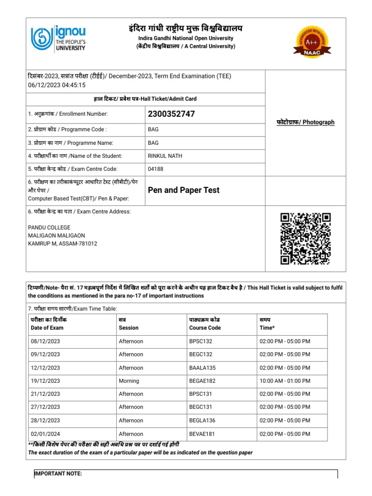IGNOU December 2023 Exam Hall Ticket | PDF
