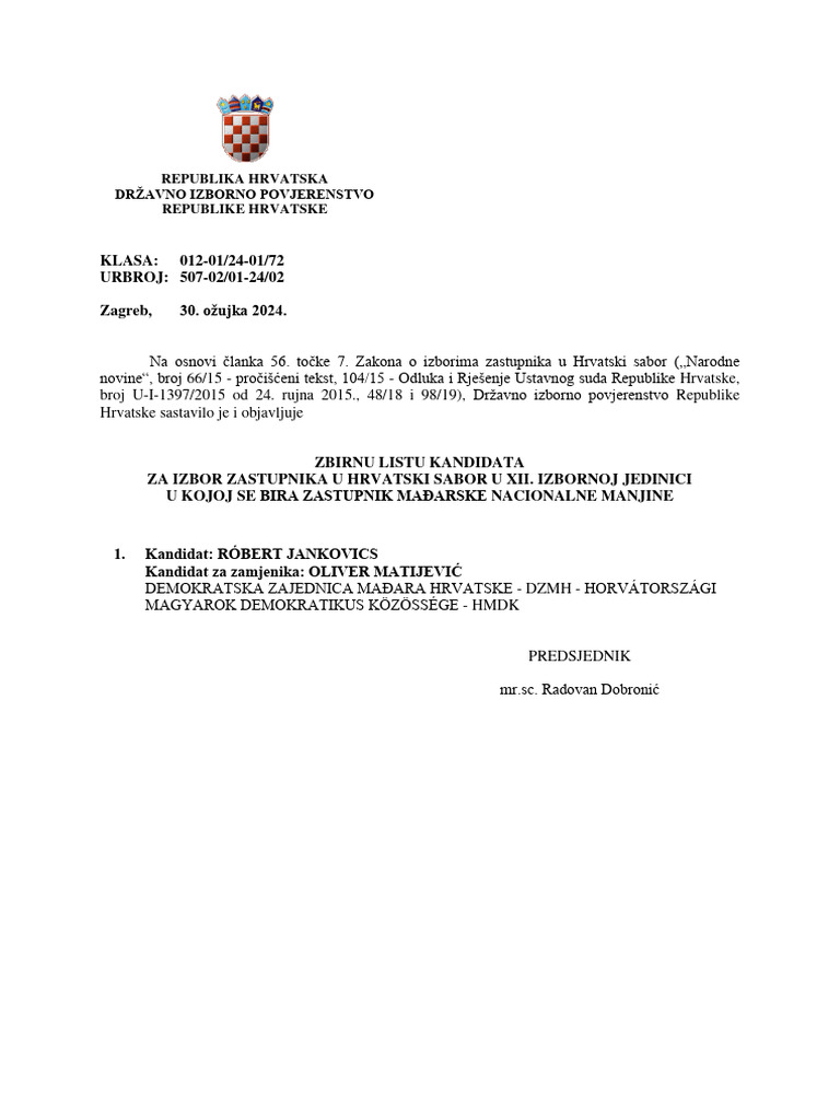 Republika Hrvatska Državno Izborno Povjerenstvo Republike Hrvatske | PDF